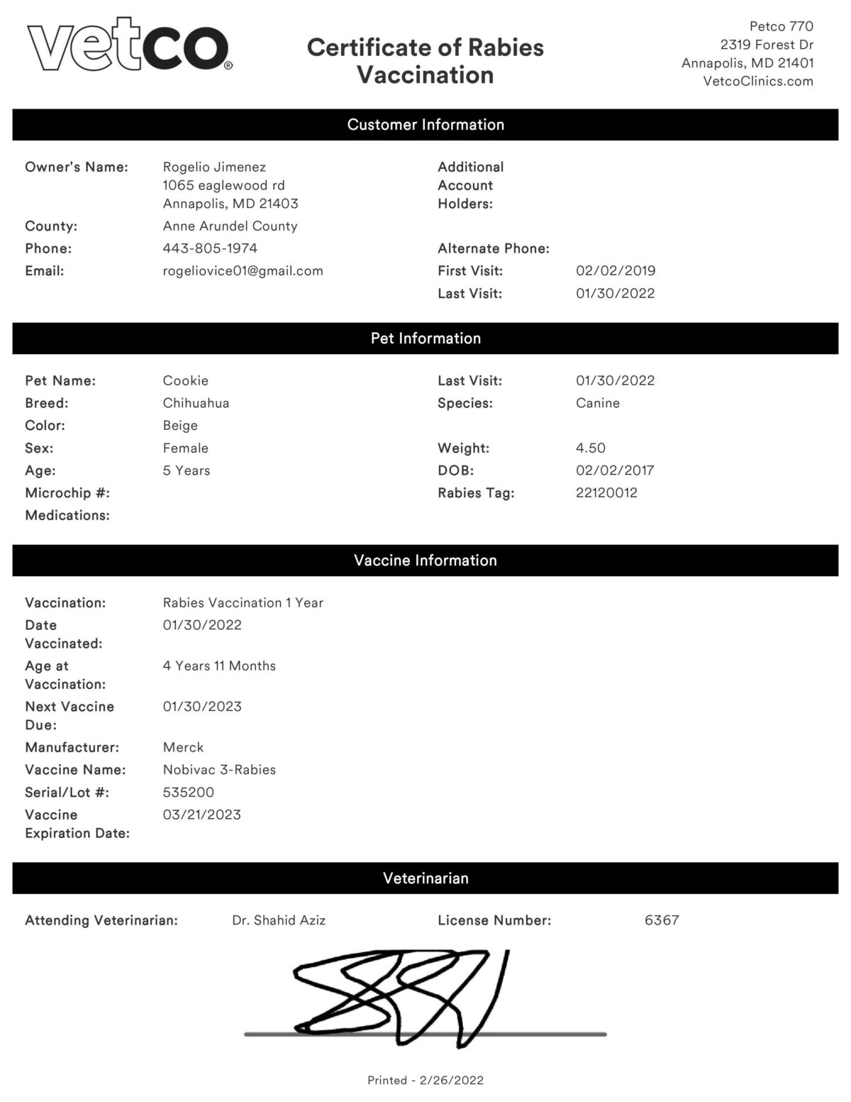 Rabies Certificate – JIMENEZ Hardscaping LLC